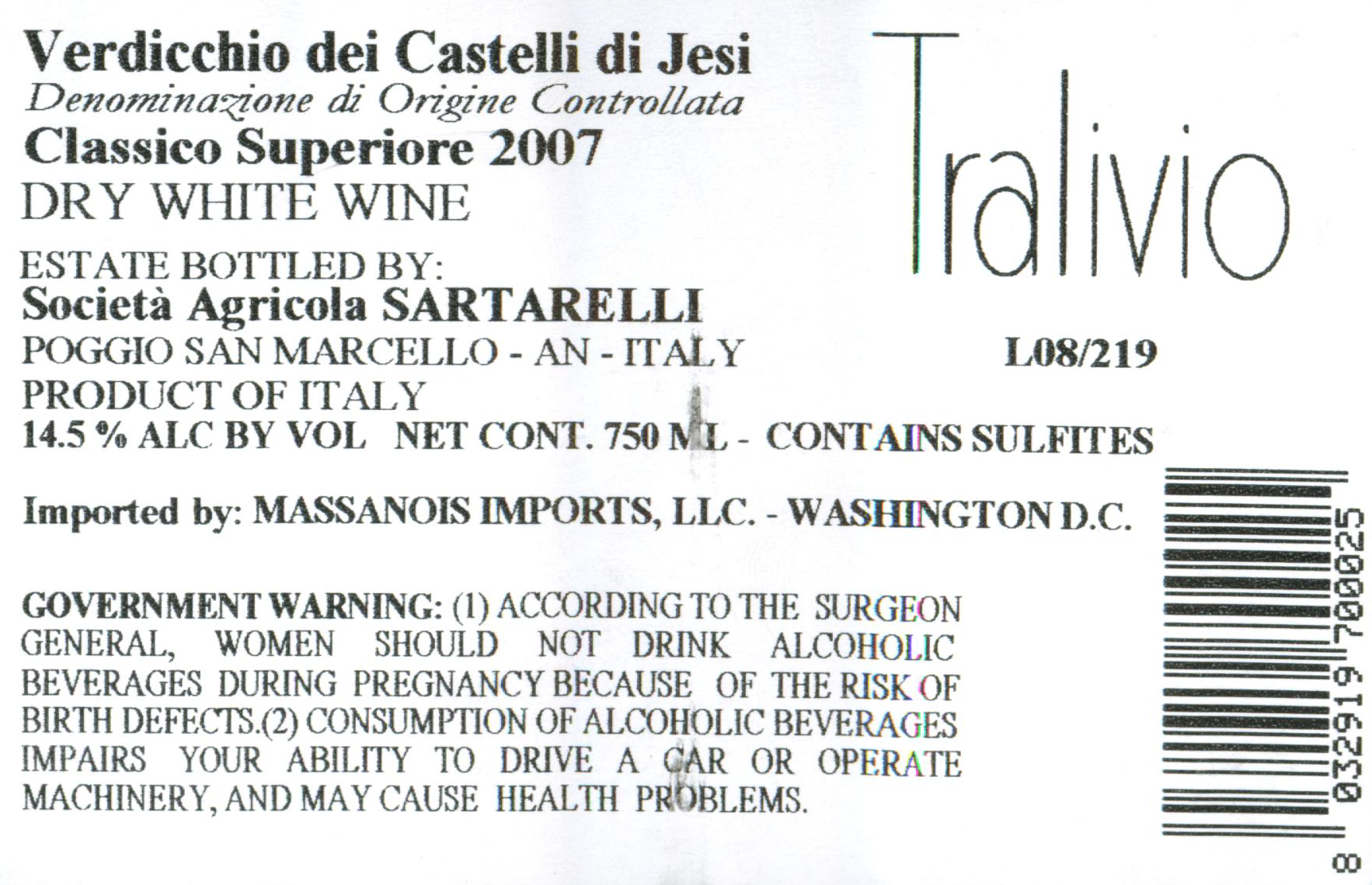 2007 Sartarelli Verdicchio Tralivio | Wine Library
