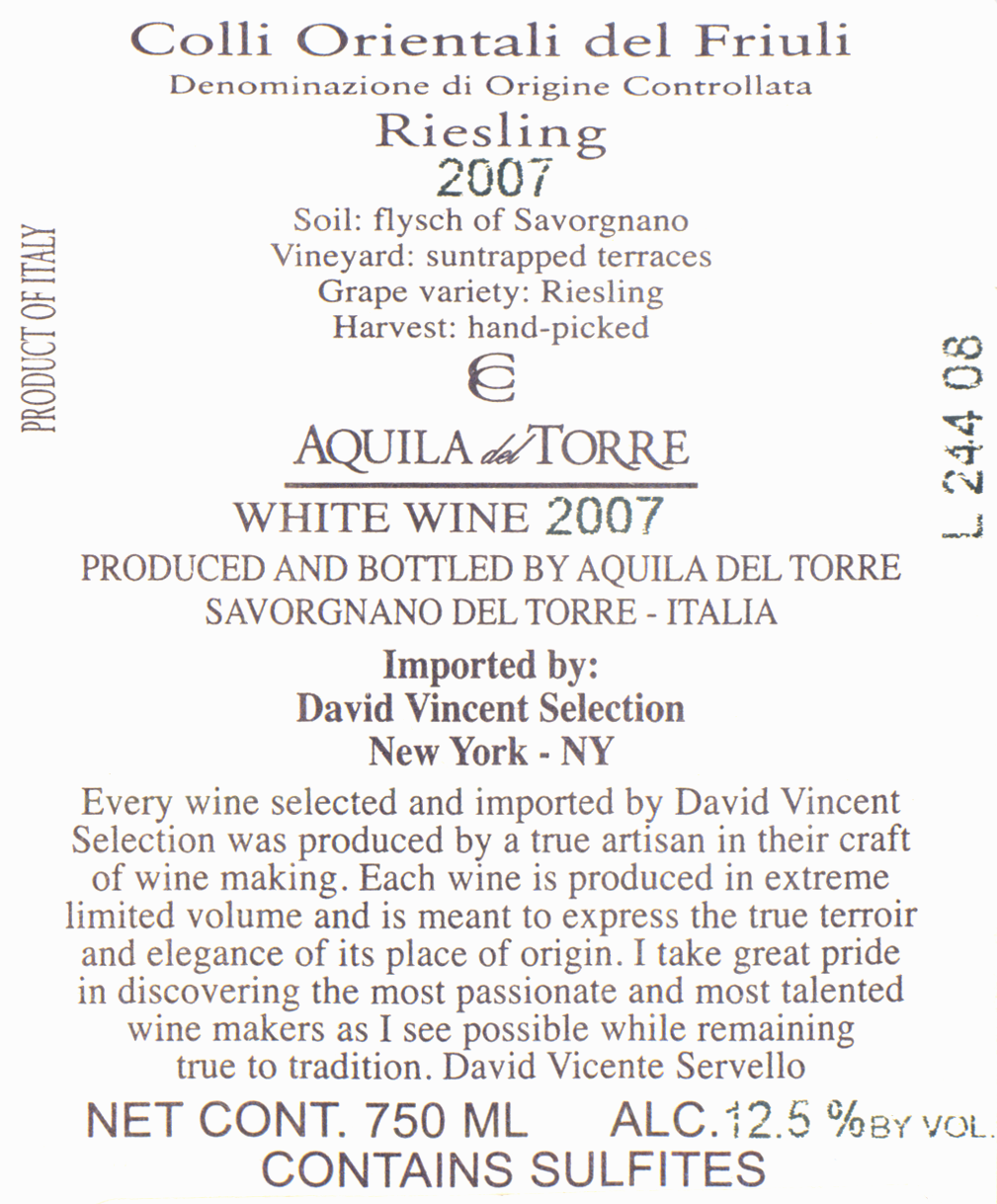 2007 Aquila Del Torre Riesling Colli Orientali | Wine Library