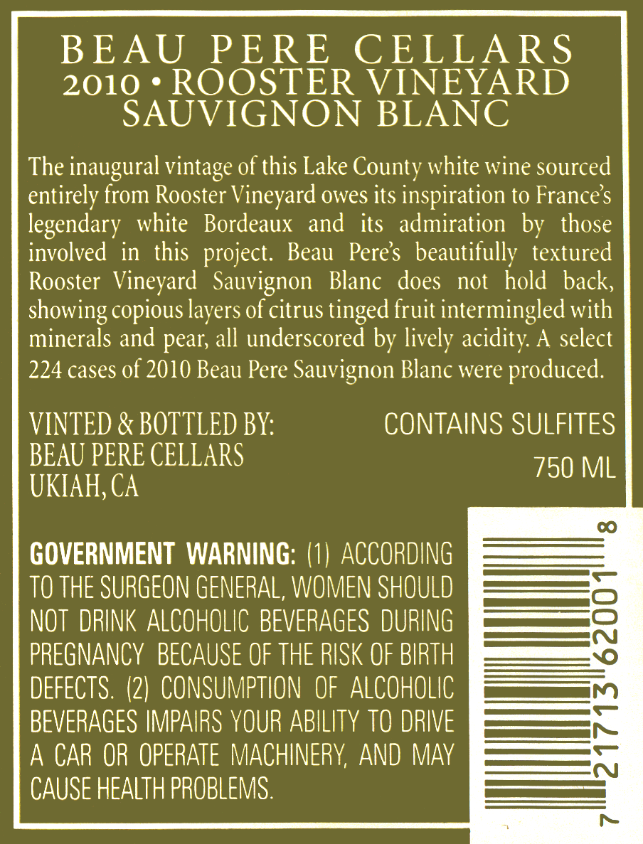 2010 Beau Pere Sauvignon Blanc Rooster Vineyard | Wine Library